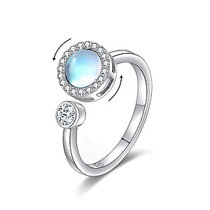 TIGER RIDER Anxiety Spinner Moonstone 925 Sterling Silver Ring for Women, Crystal October Birthstone Adjustable Ring, Anxiety Relief Rings for Girls, Graduation Gifts