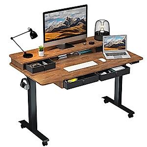 ExaDesk Electric Standing Desk with 4 Drawers, 55 x 30 Inches Adjustable Desk with Storage Shelf, Stand Up Desk for Home and Office, Rustic Brown Top/Black Frame