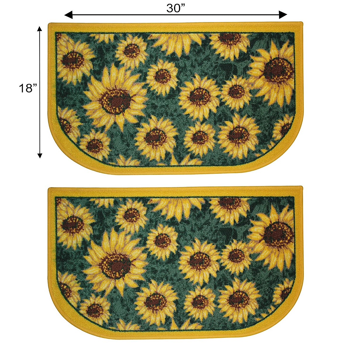 Kashi Home Kitchen Rug, Printed Area Rug, Durable Floor, Door Mat, Farmhouse Non-Slip Carpet Latex Backing Beautiful Design Sunflower 3pc Set (2 18x30 D Shape & 1 20x40)