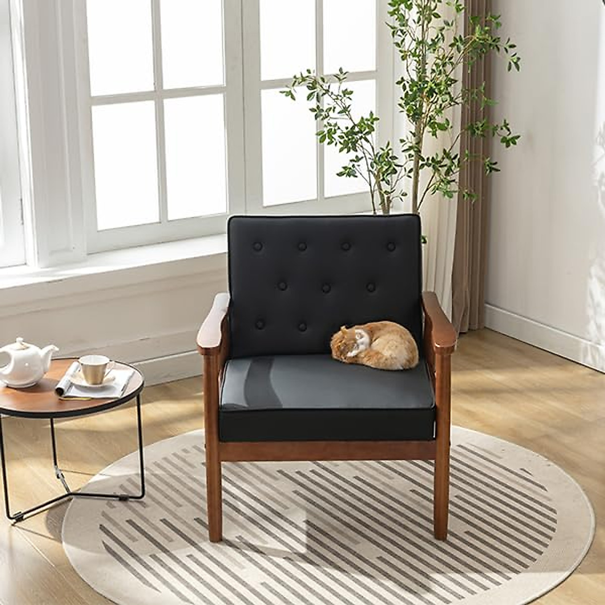 JIASTING Mid-Century Retro Modern Solid Wood Armrest Accent Chair, Faux Leather Tufted Back Upholstered Lounge Chairs, Living Room Furniture (Black 8325)