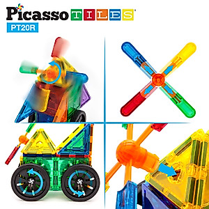 PicassoTiles 20 Piece Magnetic Building Blocks with Detachable Wheels and Windmill Click-in Inserts Magnet Construction Toy Car Set STEM Learning Kit Educational Playset Child Brain Development PT20R