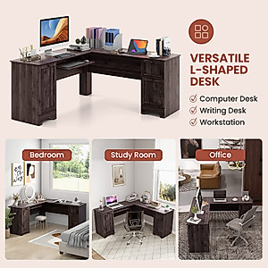 Tangkula L-Shaped Office Desk with Storage Drawers & Keyboard Tray, Home Office Corner Computer Desk with Cabinet & Inner Adjustable Shelf, Space-Saving Study Writing Desk, Computer Workstation
