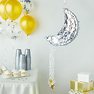 Juvale Pull String Moon Pinata for Twinkle Twinkle Little Star Birthday, Baby Shower Party Decorations (Silver Foil, 17x11x3 in)