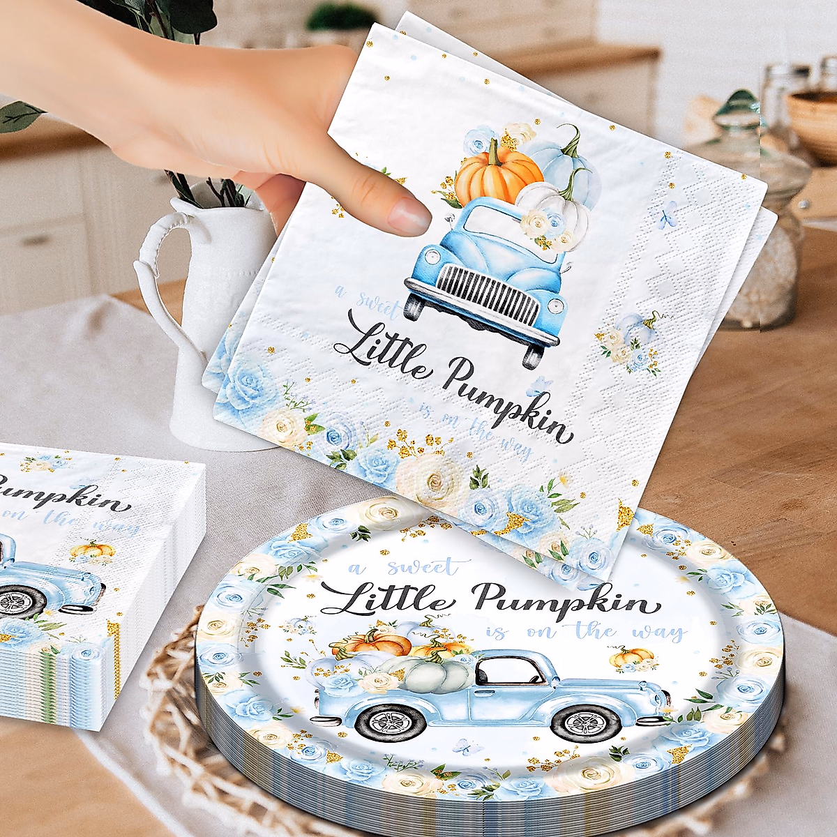 Little Pumpkin Paper Plates and Napkin Pumpkin Baby Shower Party Decorations for Boy A Little Sweet Pumpkin is On The Way Blue Floral Truck Disposable Tableware Party Supplies Favor for 25 Guests