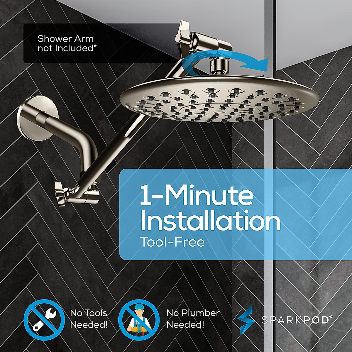 SparkPod 9.5 Inch Large Rain Shower Head - Luxury Rainfall Shower Head - High Pressure Showerhead, Full Body Coverage with Anti-Clog Silicone Nozzles -No Hassle, Easy Install (1/2 NPT, Brushed Nickel)