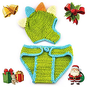Newborn Green Dinosaur Costume Crochet Knitted Costume Hat Pants Photography Props Costume Set Newborn Photography Prop Dinosaur Christmas（0-12 Months）