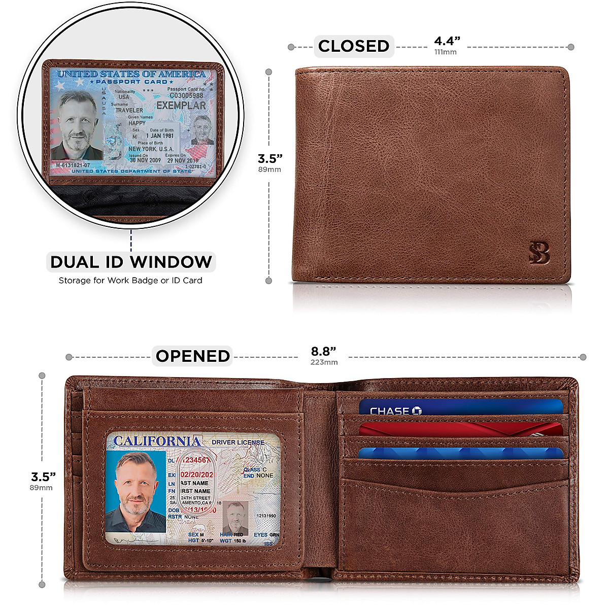 SERMAN BRANDS 2 ID Window Wallet for Men RFID Blocking Leather, Bifold Top Flip, Extra Capacity Travel Wallet (Morning Roast Executive)