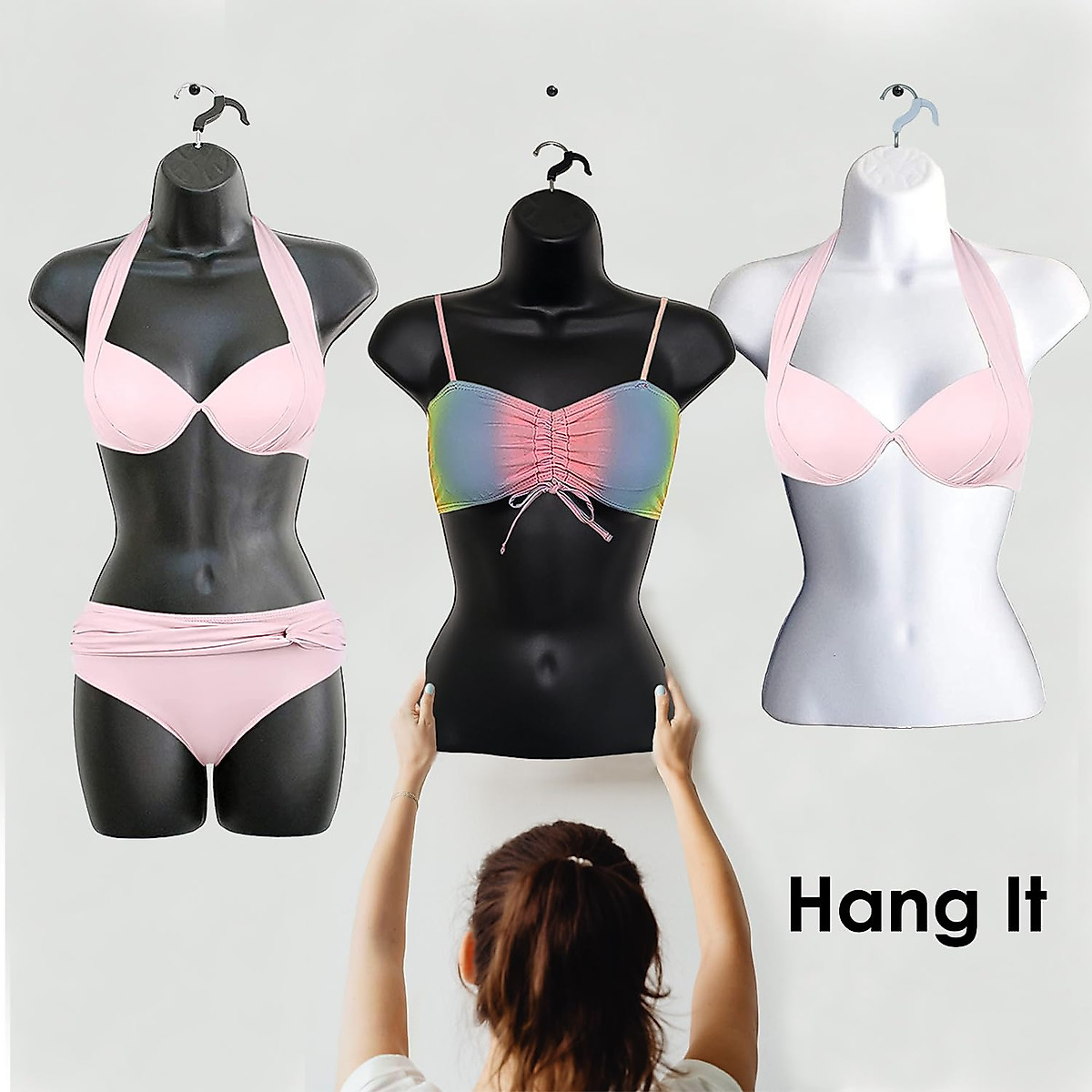 DisplayTown Black Female Mannequin Hip Long Hollow Back Body Torso Dress Form & Hanging Hook, S-M Sizes (10 Pack)