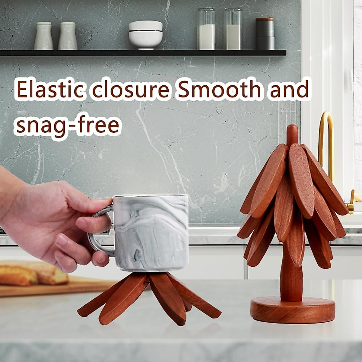 Set of 4 Wooden Trivets Foldable Heat Resistant Pots and Pans Hot Dishes Wooden Mat Kitchen Table Accessories 8" Diameter Like Christmas Tree Shape Set Coasters (Walnut)