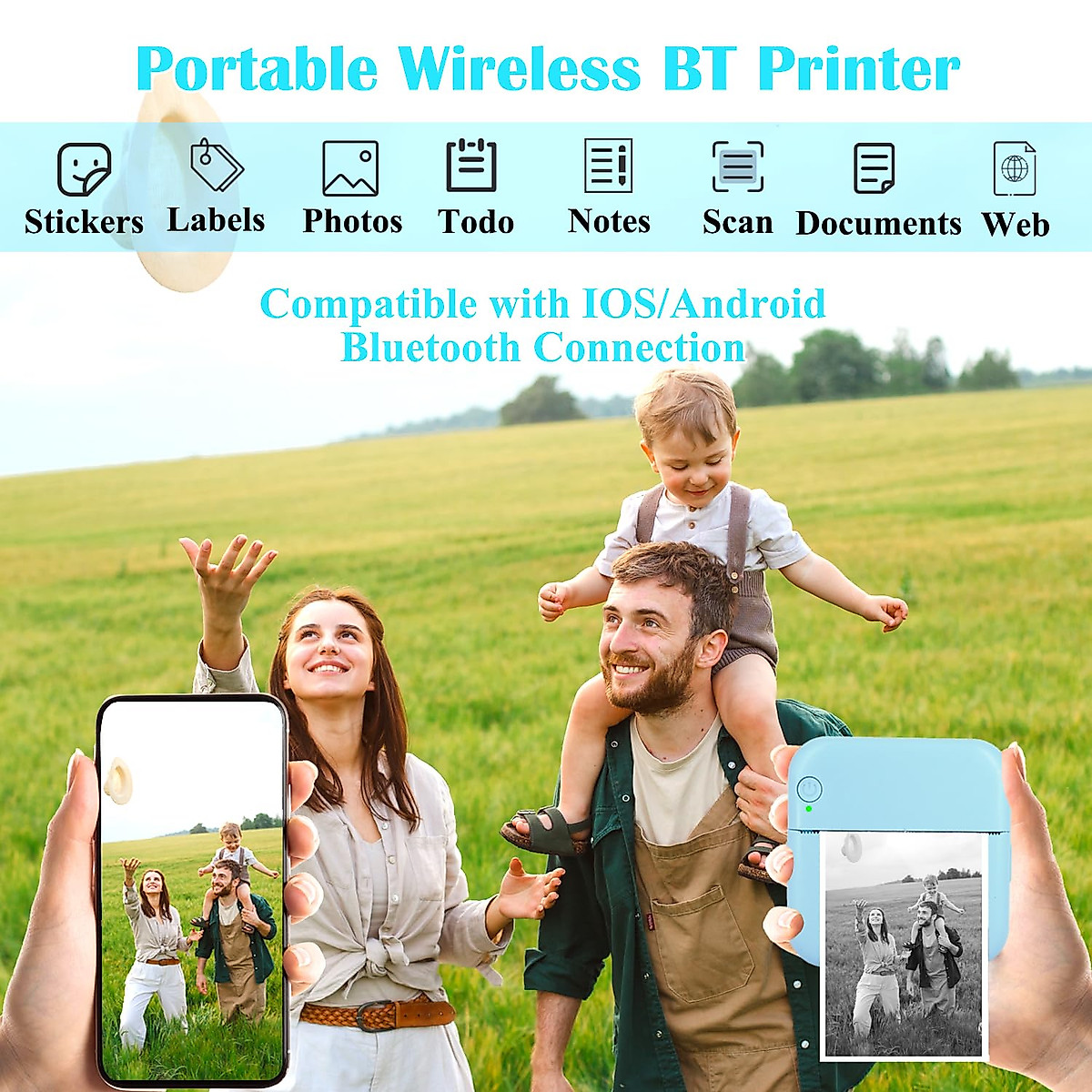 Vicbear Mini Thermal Printer, Inkless Sticker Printer with 14 Rolls Paper, Bluetooth Portable Printer for iPhone/Android Phone/Tablet, Mini Pocket Printer for Photos/Stickers/Labels/Notes, Blue