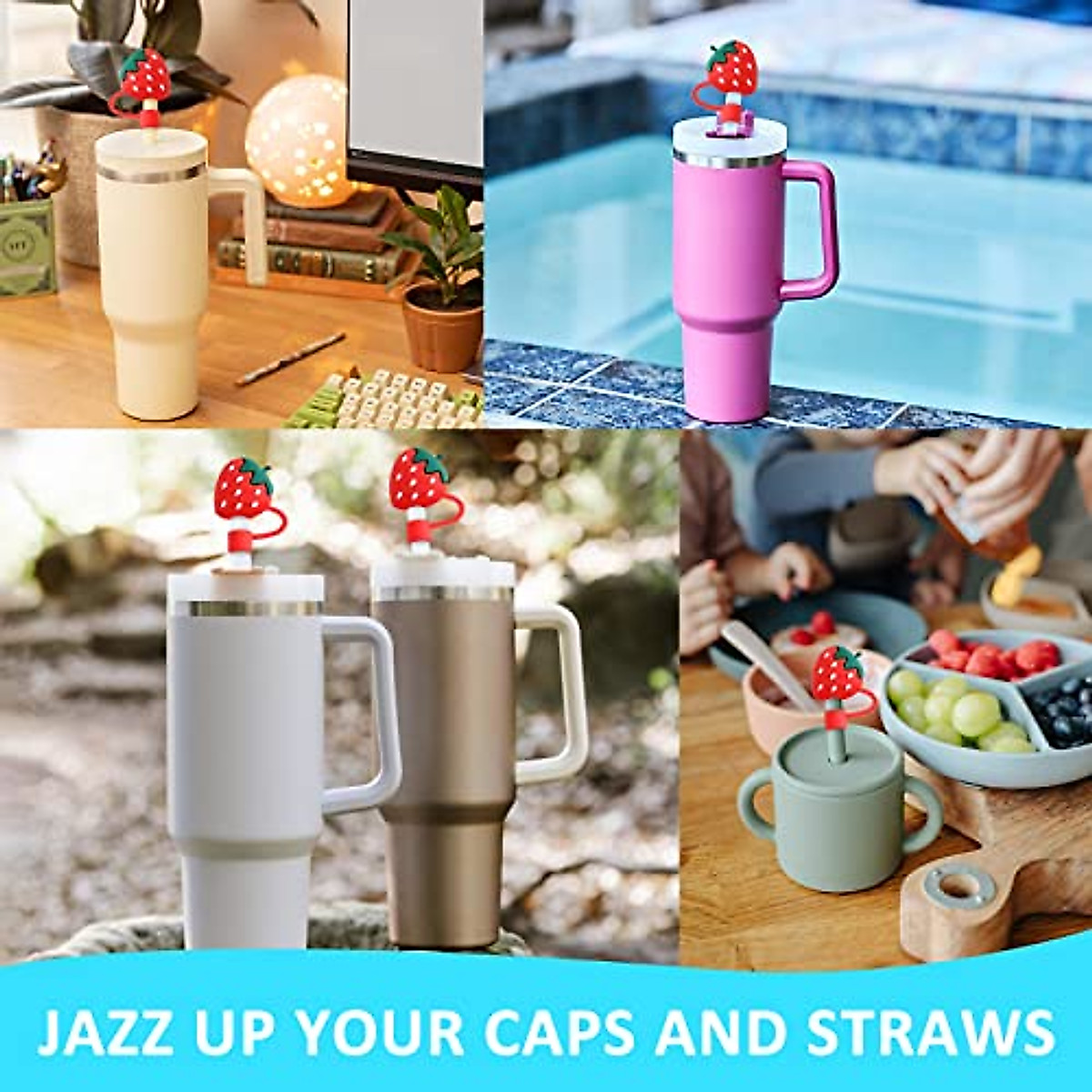 Bubbola 4Pcs Straw Covers Compatible with Stanley 40 OZ Tumbler Cups, Reusable Silicone Straw Tip Toppers for 0.4 inch/10mm Straws,Soft Protector Cover, Strawberry
