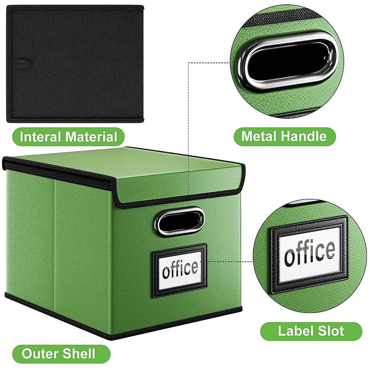 Huolewa Upgraded File Organizer Box with Lid, Collapsible Faux Leather Document Organizer, Hanging File Folder Box with Plastic Slide, Decorative Filing Box Cabinet for File and Folders Storage(Green)