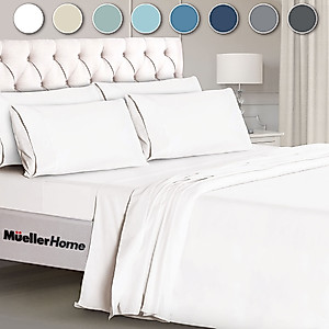 Mueller Luxury 6 PC Full Size Bed Sheets, Super Soft 1800, Deep Pocket up to 16" Full Size Sheets, Transfers Heat, Breathes Better, Hypoallergenic, Wrinkle-Resistant, Oeko-TEX, White