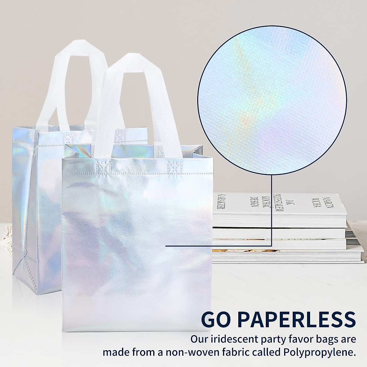 ISUSSER 24 Pack Holographic Gift Bags With White Handles Non Woven Reusable Handled Gift Bags Iridescent Tote Bags Glossy Welcome Bags for Shopping Birthday Party Wedding, 8 x 4 x 10 Inch