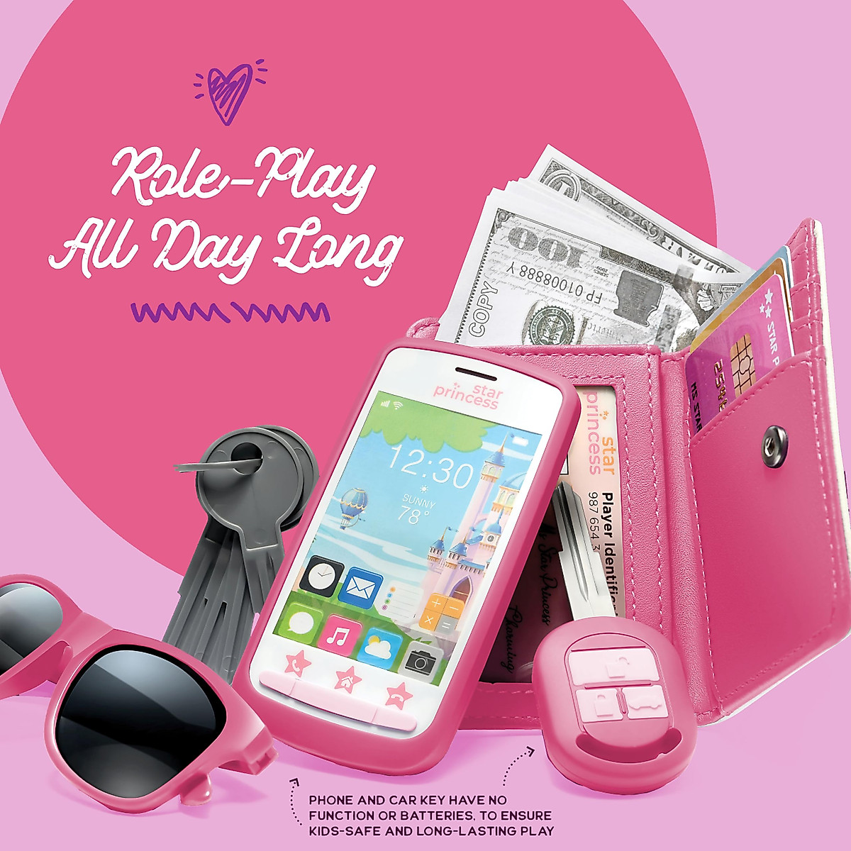 Play Purse for Girls and Toddlers - Little Girls Toys Pretend Play Accessories: Toy Phone, Wallet, Credit Cards, Keys, Pretend Makeup for Role Playing Toys for Girls Ages 3 4 5 6 7 8 Years and Up