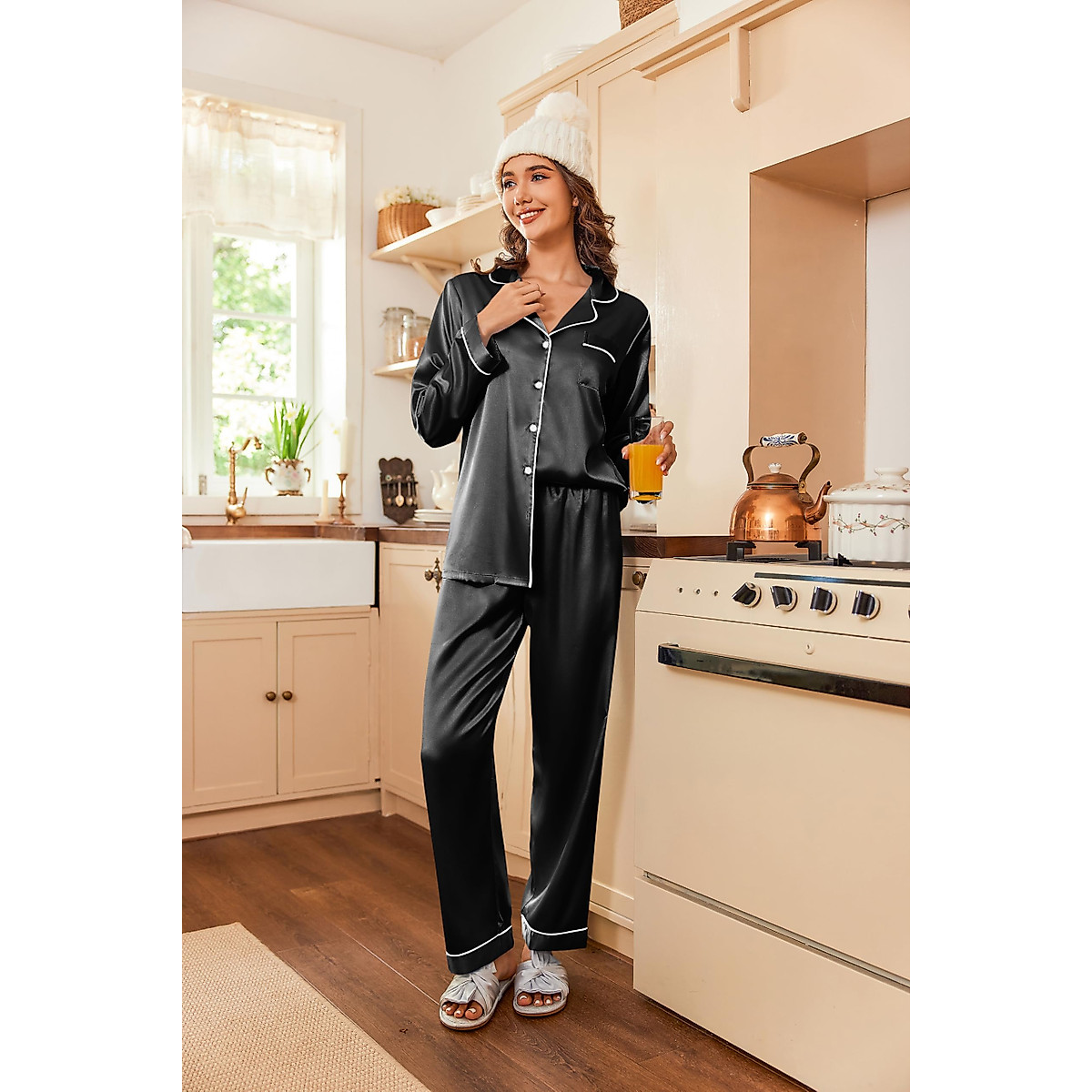 Ekouaer Women's Classic Button Down Long Satin Silk Pajama Set,X-Large,Black