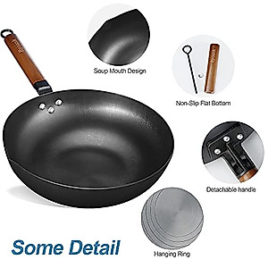 Hyoank Wok Pan, 12.5'' Flat Bottom Iron Woks, Woks and Stir Fry Pans with Lid, Carbon Steel Wok Suits for all Stoves