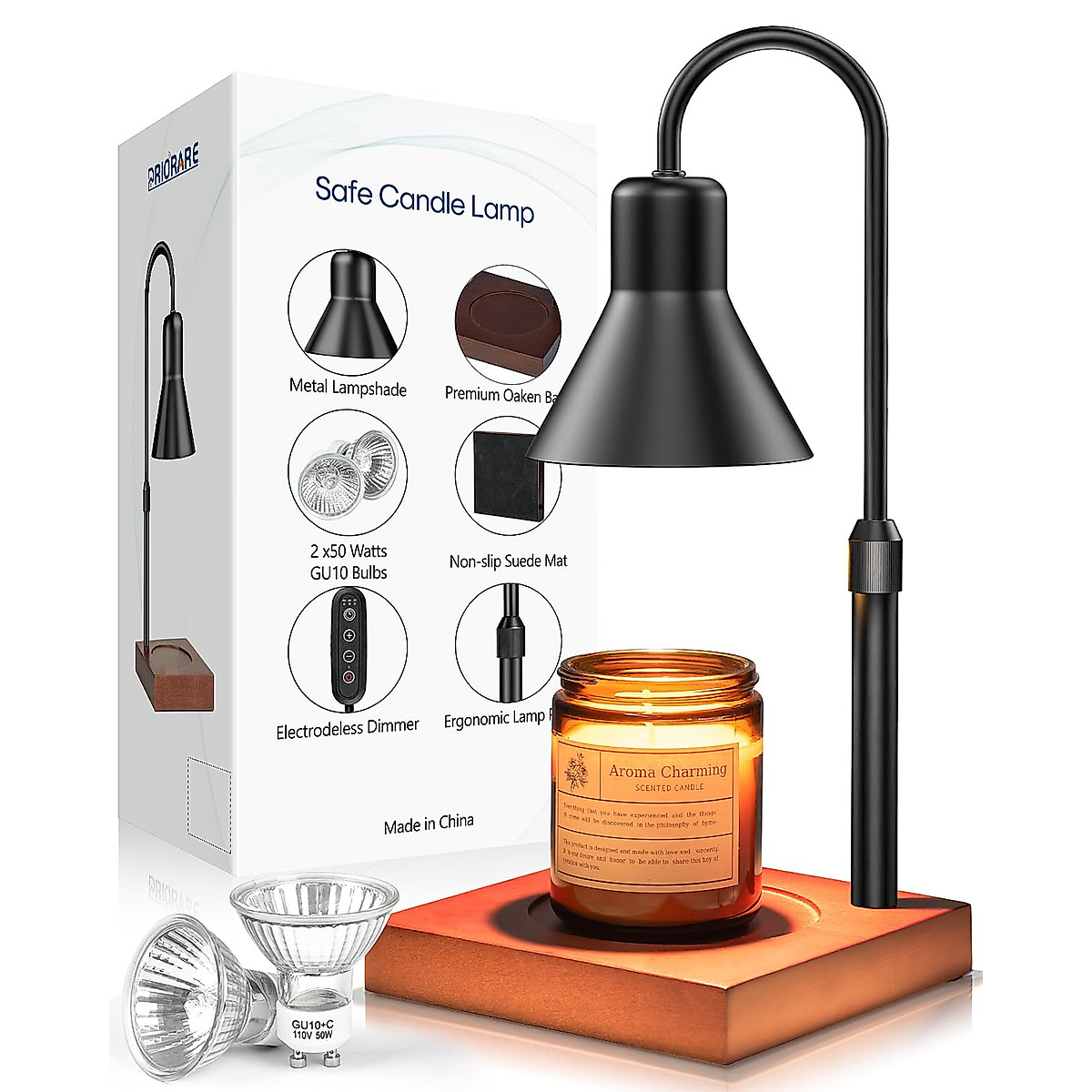 PRIORARE Candle Warmer Lamp with 2 x 50W Bulbs, 4-Gear Dimmer Electric Candle Warmer Oak Base, 2H/4H/8H Timer Candle Lamp, Scented Jar Candles Heater