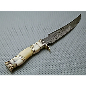 Skokie Knives Custom Hand Made Damascus Steel Hunting Fixed Blade Knife Handle Camel Bone