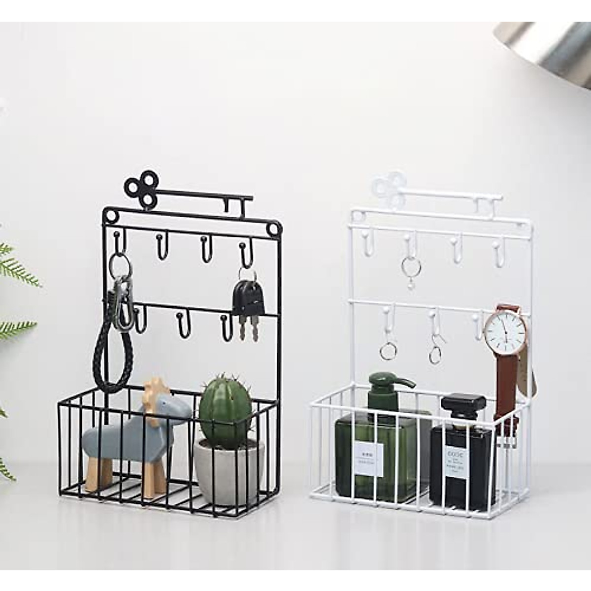 qiuqiu Wall-Mounted Shelf Home Wrought Iron Storage Basket Metal Mail Holder Keychain with Storage Baskets for Mail, Keys, Glasses-Black