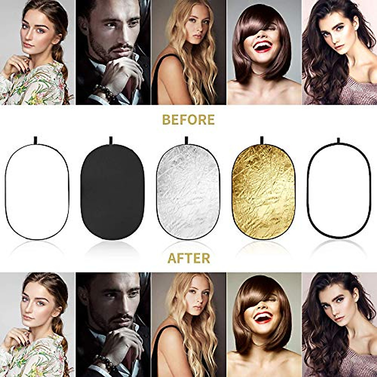 BDDFOTO 24"x35"/60x90cm Reflector Photography 5-in-1, Ellipse Light Reflector Multi-Disc with Bag Translucent, Silver, Gold, White and Black for Studio Photography Lighting and Outdoor Lighting