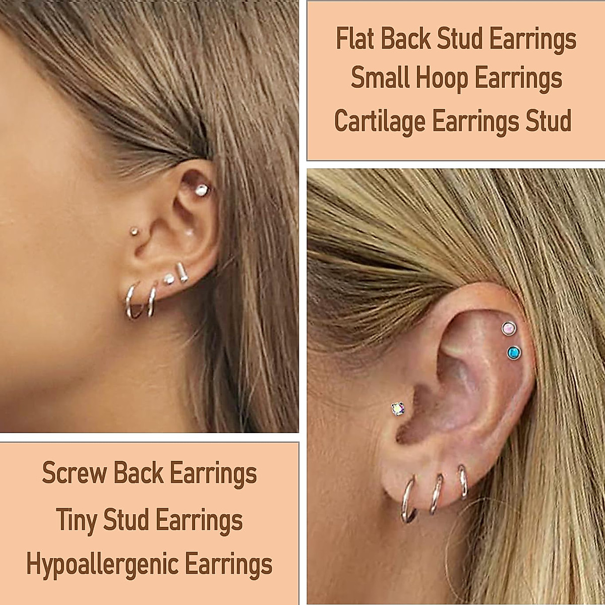 LOLIAS 21Pairs Surgical Steel Flat Back Earrings Hypoallergenic 20G Screw Back Nap Stack Cartilage Earring Stacks