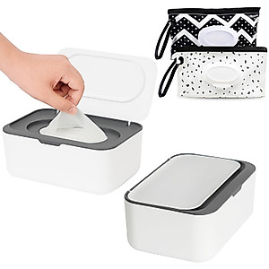 2 Pack Wipes Dispenser with 2 Portable Wipe Cases, Wipe Holder for Baby & Adult, Seposeve Refillable Wipe Container, Keeps Wipes Fresh. Easy Open/Close Wipes Pouch Case, 2 Black + Black White