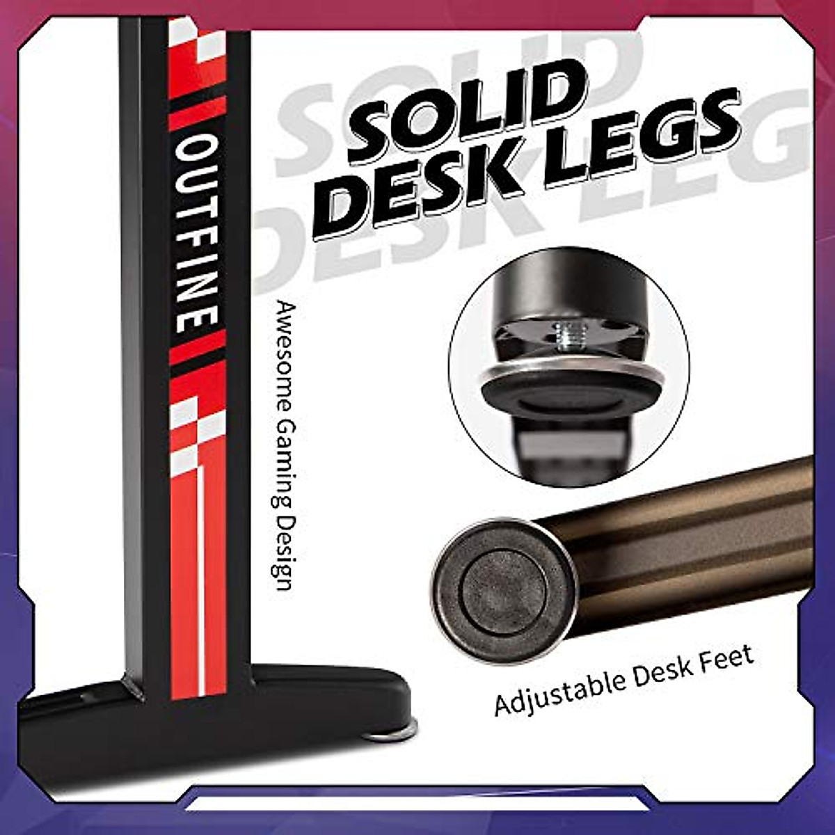 OUTFINE Gaming Desk Home Office Computer Desk Gamer Workstation with Carbon Fiber Surface, Cup Holder, Headphone Hook and T-Shaped Legs (Black, 55")