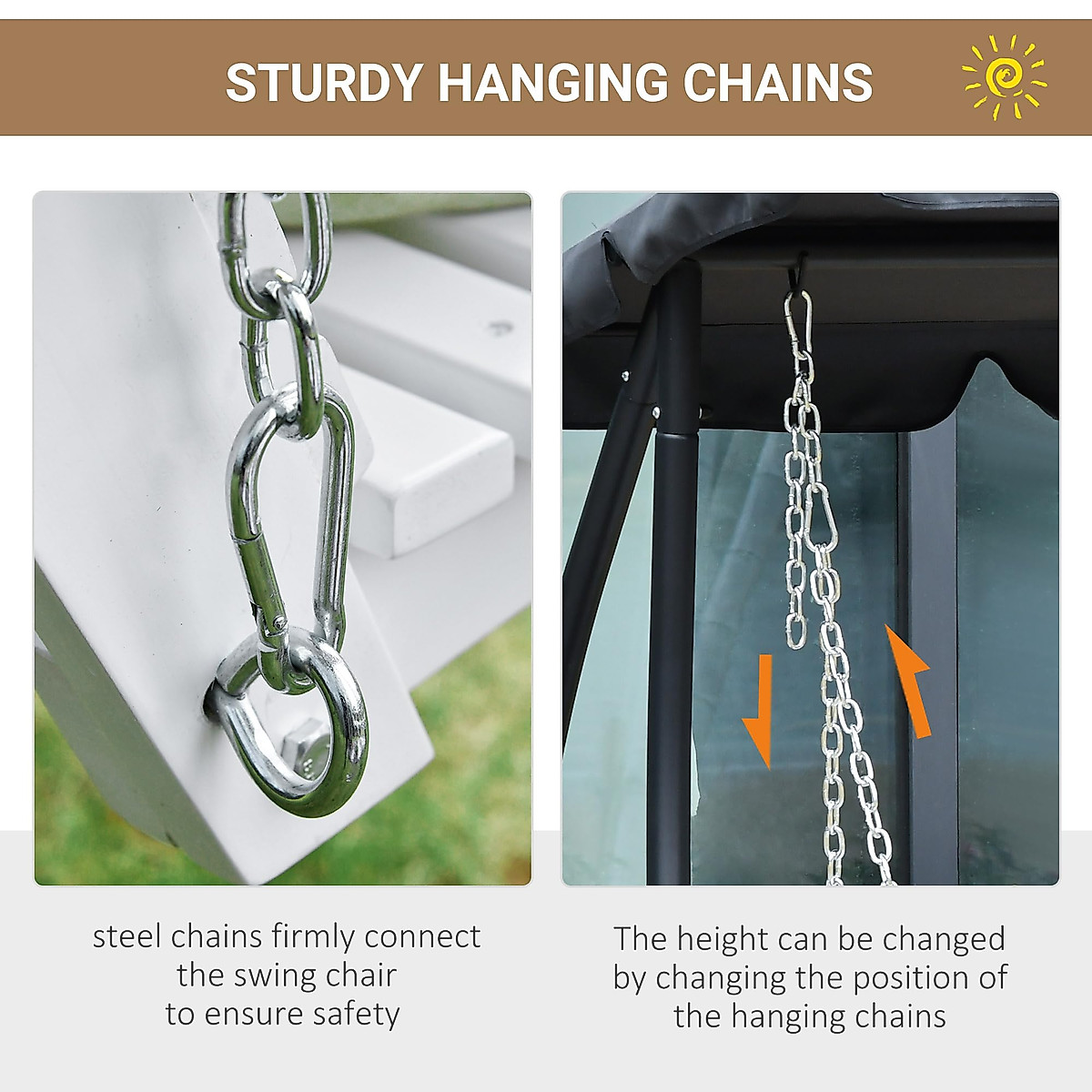 Outsunny 3-Seater Wooden Porch Swing, Patio Swing Bench with Folding Coffee Table, Cup Holders and Chains Included, 440lbs Weight Capacity, Natural