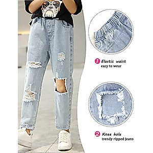 QIBABU Kid Big Girl's Baggy Ripped Jeans Elastic Waist Washed Denim Pants for 8-14 Years(0865-Blue-14Y-QB)