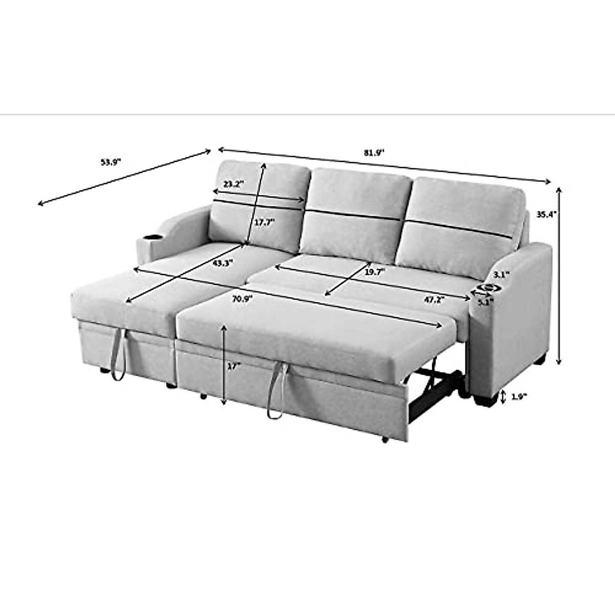 Melpomene Convertible Sectional Sofa Couch Pull Out Bed Sleeper Sofa with Storage 3 Seater L Shaped Couch Linen Upholstered Fabric Corner Sofa with 2 Cupholders for Living Room (Grey)