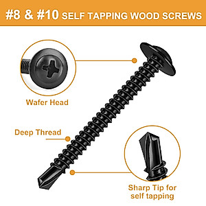 VIGRUE 425PCS #8#10 Black Self Tapping Screws for Metal, 425PCS (410) Stainless Steel Modified Truss Head Sheet Metal Self Drilling Screws Assortment Kit, Black Oxide, Length 1/2" to 1-1/2''