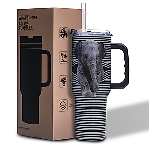 Gome 40oz Elephant Tumbler – Insulated Stainless Steel Cup with Handle, Lid & Straw, Wildlife Gifts for Women, Animal Lovers, Birthday & Nature-Inspired Gift