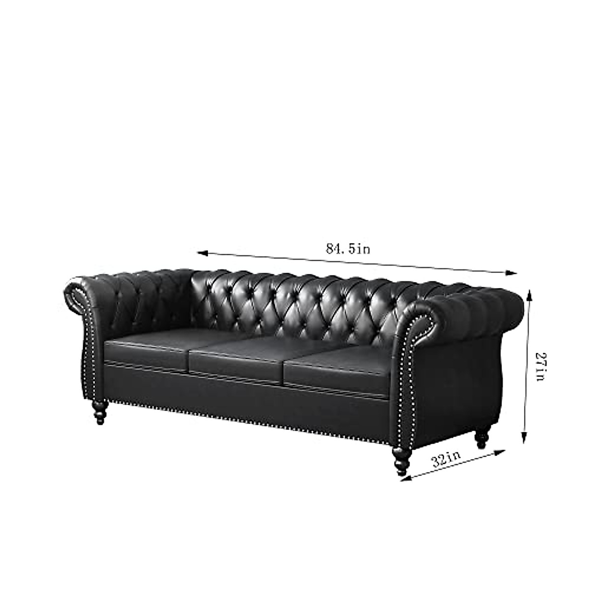 wirrytor Chesterfield Classic Sofa, Modern Leather 3 Seater Sofa, Upholstered Tufted Back Settee Couch with Rolled Arms Nailhead Trim for Living Room Bedroom(Black)