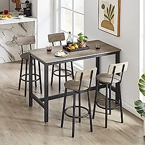 CKLMMC 5 Piece Industrial Bar Table Set,Pub Bistro Table and PU Upholstered Stools with Backrest, Counter Height Dining Table Set for Kitchen Small Space (Grey# Set of 5)