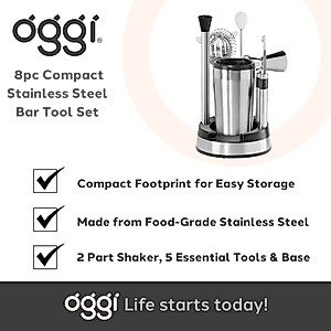 OGGI Compact Stainless Steel 8-Piece Bar Tool Set- Bartender Kit w/Stand, Stainless Steel Cocktail Set, Ideal Bar Accessories, Barware Set is Perfect for Bar Cart or Home Bar
