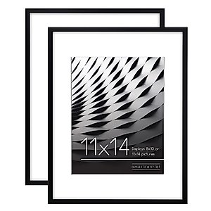 Americanflat 11x14 Picture Frame with Shatter-Resistant Glass - Set of 2 - Use as 8x10 Frame with Mat or 11x14 Frame Without Mat - Streamline Collection - Thin Photo Frame for Wall Display - Black