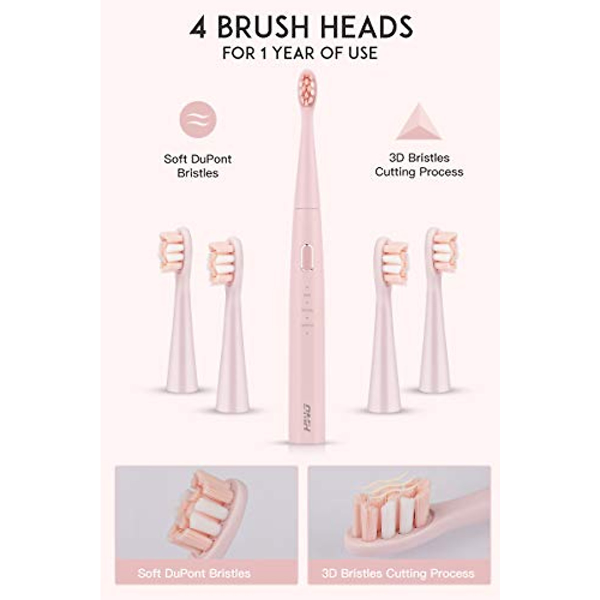DMH Electric Toothbrush, Sonic Electric Toothbrush Powerful Cleaning, Rechargeable Travel Toothbrush with 4 Brush Heads, 3 Modes, 4 Hour Fast Charge for 60 Days Use, Pink