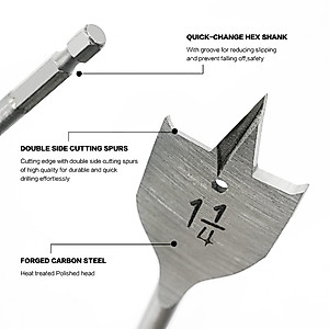 GMTOOLS 13 Piece Spade Drill Bit Sets, Paddle Flat Bit for Hole Cutter Woodworking, 1/4" to 1-1/2", Carbon Steel Paddle Flat Bit with Quick Change Shank, Nylon Storage Pouch Included