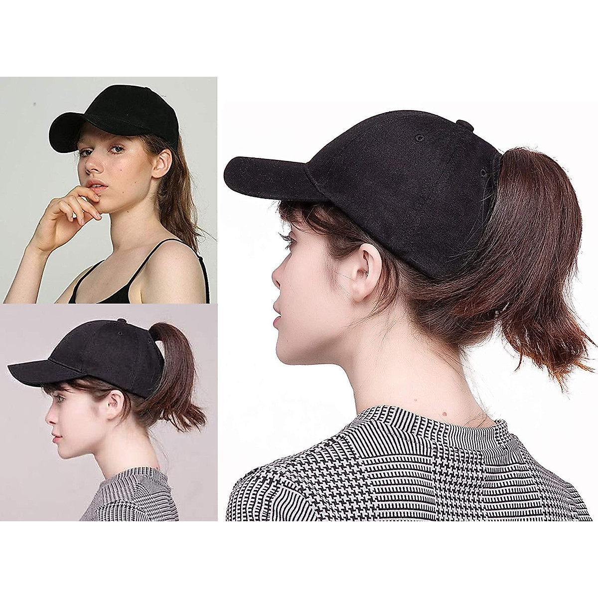 High Ponytail Baseball Hat - Women Messy Bun Hat, Sun Protection Ponycaps Retro Cap Black
