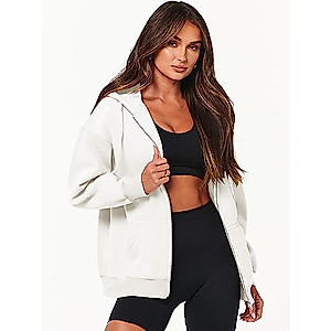 Caracilia Women's Hoodies 2023 Fall Jacket Solid Athletic Tops Casual Long Sleeve Fleece Oversized Sweatshirts Cute Teen Girl Zip Up Clothes Winter Loose Fit Warm Cute Sweater A989baise-M White