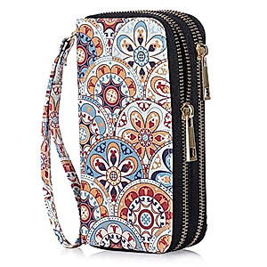 HAWEE Cellphone Wallet for Women Dual Zipper Long Purse with Removable Wristlet, Plum Blossom