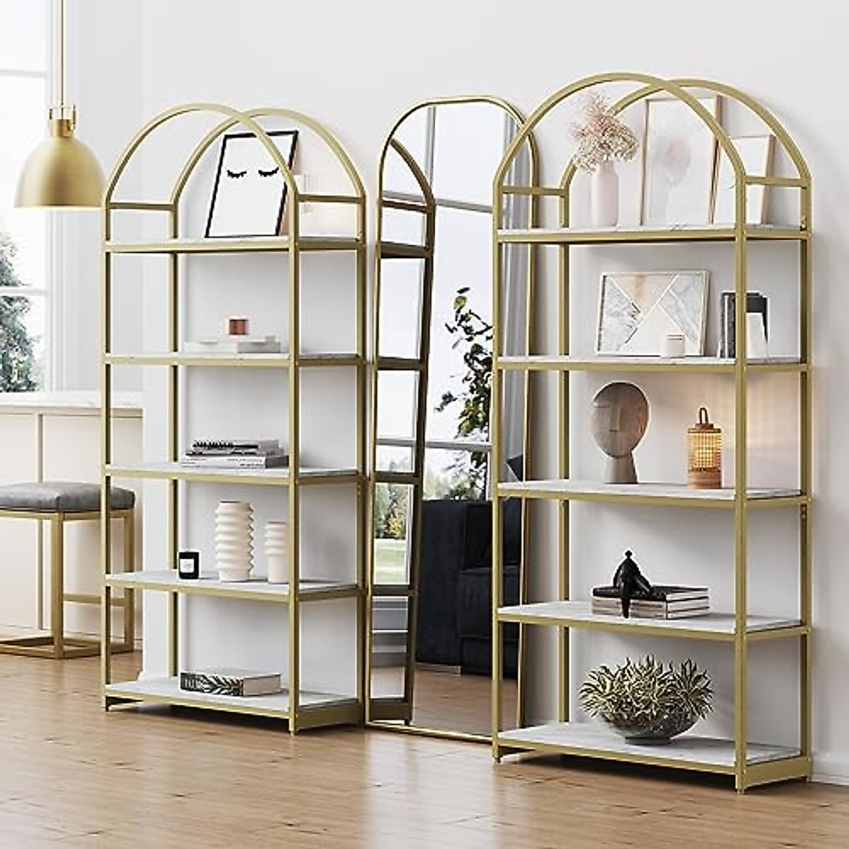 Nathan James Haven Etagere Bookshelf, 5-Shelf Faux Marble Bookcase in White Faux Marble Finish and Gold Metal Frame with Arch Top and Open Shelves, White/Gold, Set of 2