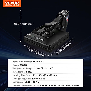VEVOR Heat Press Machine, 15x15in / 38x38cm, Clamshell Sublimation Transfer Printer with Teflon Coated, Digital Precise Heat Control, Silica-Gel Sponge Powerpress for T-Shirt Bag Pad, Black