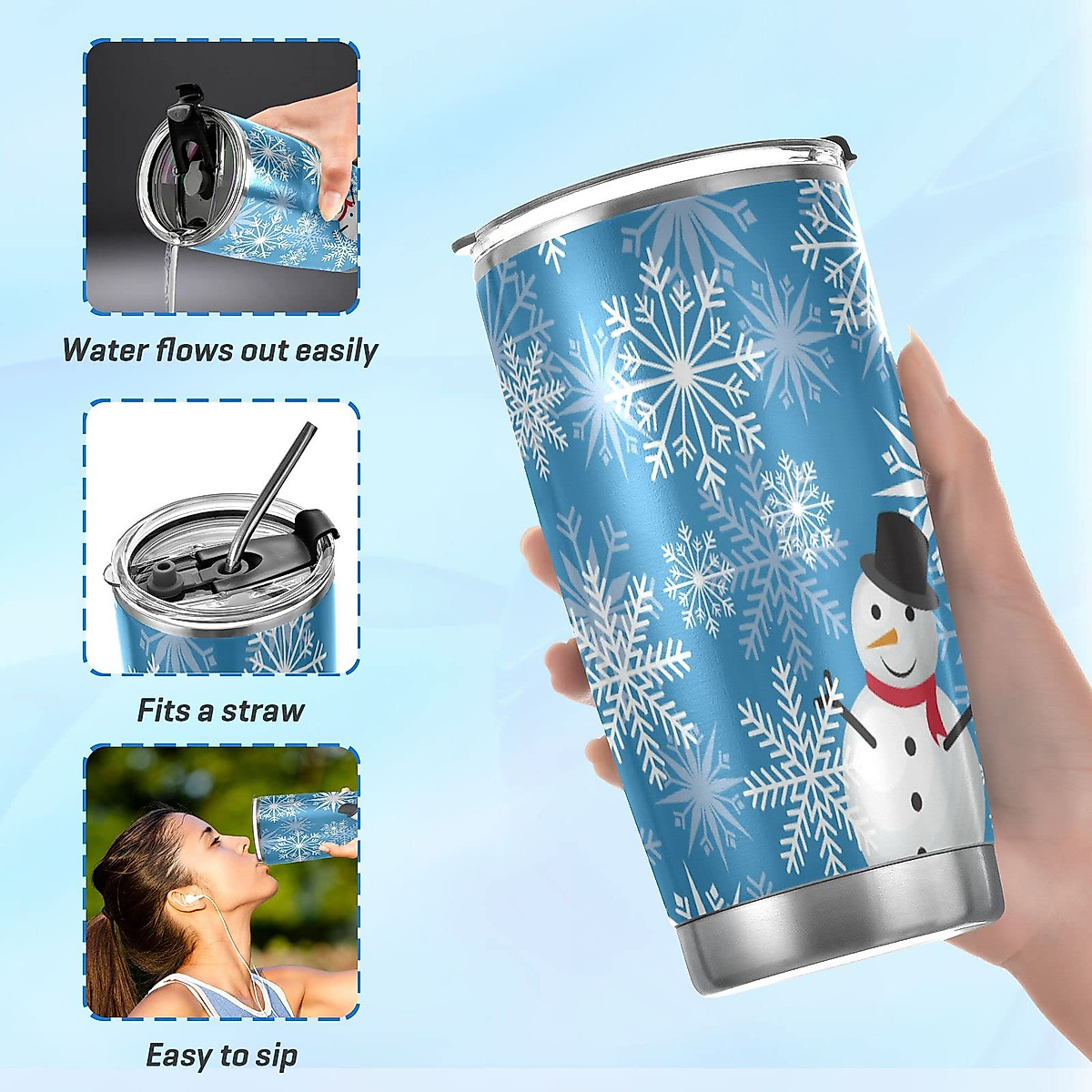 Yasala Christmas Tumbler Blue Snowflake Snowman Insulated Coffee Cup Back to School Beverage Container Office Travel Mug with Straw and Lid 20oz Holiday New Year Gift