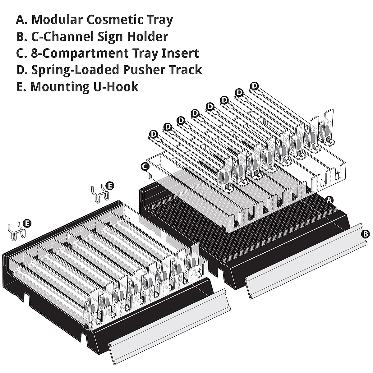 Azar Displays 225830-8COMP-BLK 8 Compartment Divider Bin Cosmetic Tray with Pushers - 8 Slots per Tray, 2-Pack, Black