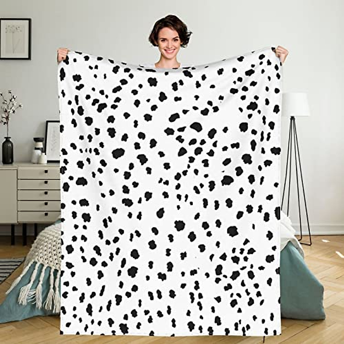 Firuacx Dalmatian Print Throw Blanket 60x50 inch, Black and White Dalmatian Spot Dots Lightweight Cozy Plush Warm Blankets for Bedroom Living Rooms Sofa Beds Office