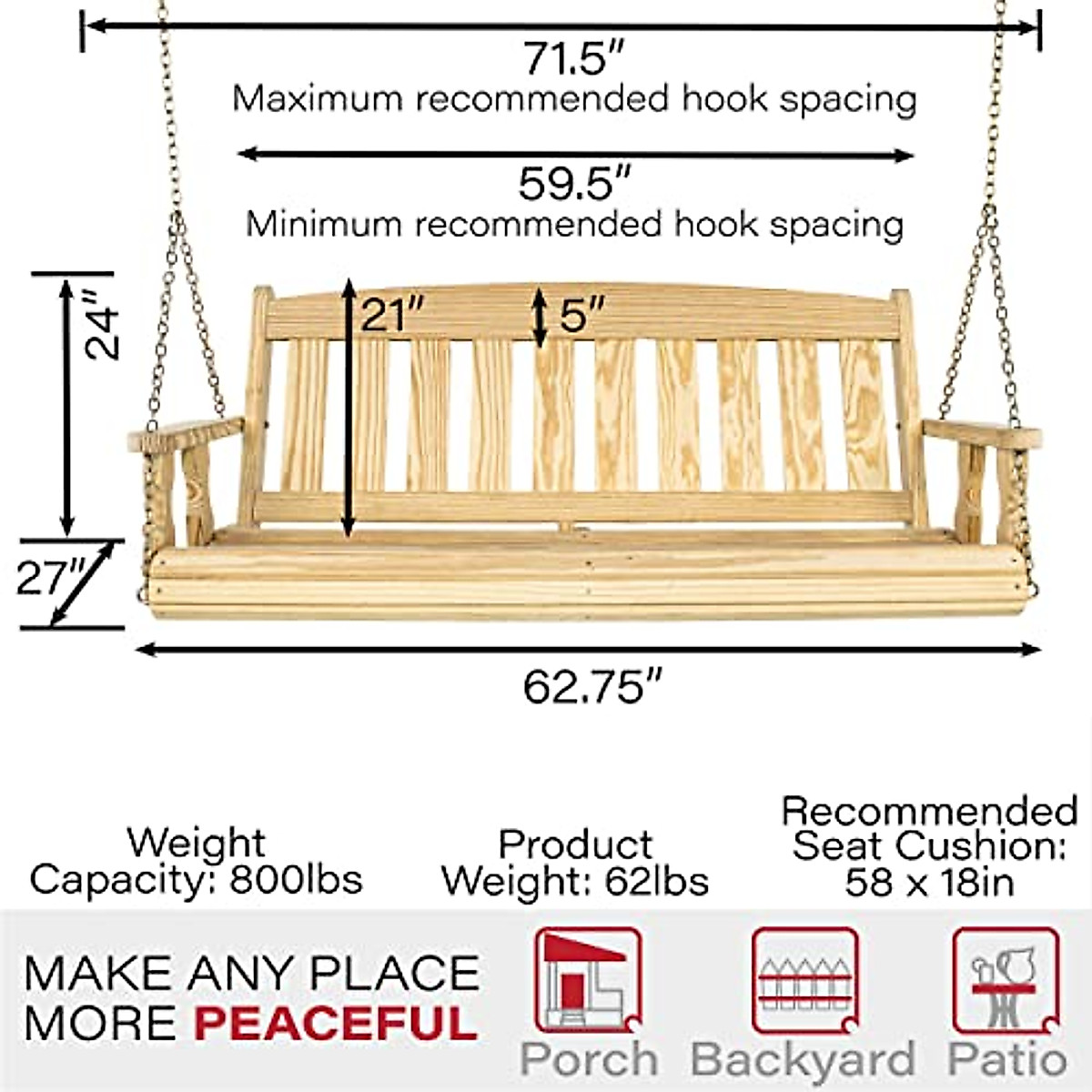 Amish Casual Heavy Duty 800 Lb Mission Treated Porch Swing with Hanging Chains (5 Foot, Unfinished)