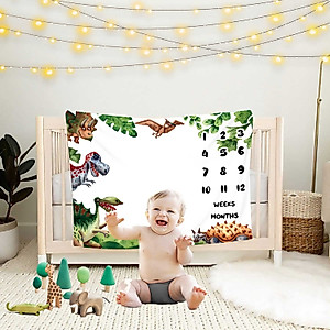 KIKIDO Cartoon Dinosaur Baby Monthly Milestone Blanket Jurassic Dinosaur Photo Background New Baby Boy Swaddle Blanket Gift Capture Baby Personalized Growth Chart Flag Blanket 48x40Inch