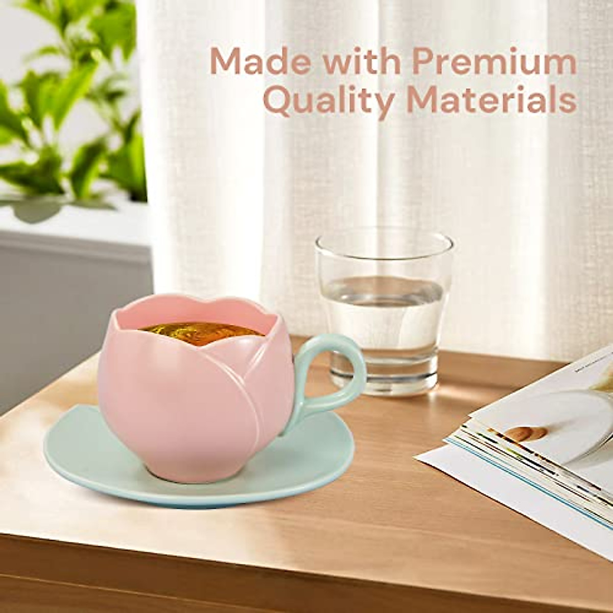 VIVERIE 10 oz Pink Flower Teacup and Saucer - Leaf Heart Tea Cup Saucer, Cute Coffee Mug, Tea Mug, Hot Teacup Set, Tea Accessories for Women, Mom, Friends, Birthday, Christmas Gift, Pink Christmas Mug